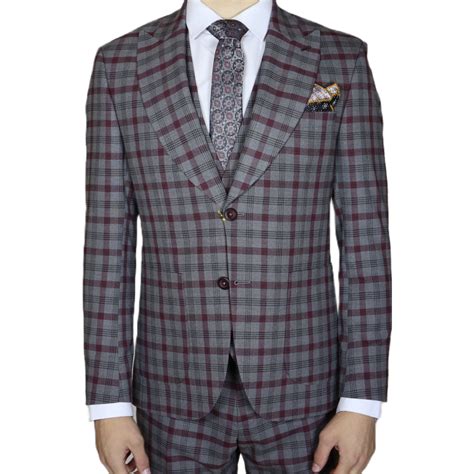 Grey Red Plaid Avanti Milano Wide Peak Lapel Three Piece Suit Avanti