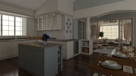 Open Concept Kitchen With White Cabinets And Gray Countertops