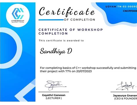 Sandhiya D On Linkedin Successfully Completion Of C In Cybernaut