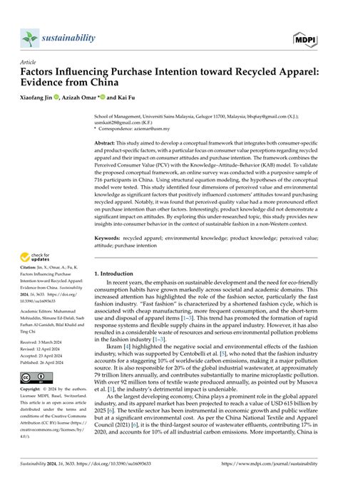 Pdf Factors Influencing Purchase Intention Toward Recycled Apparel Evidence From China
