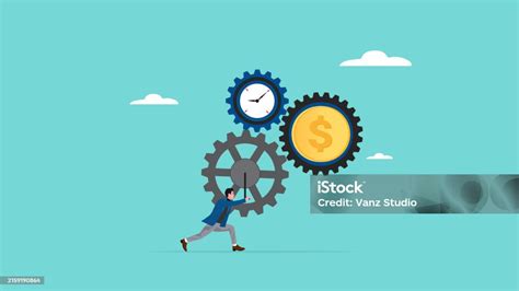 열심히 일하고 돈을 버는 시간 노력으로 성공 장기 투자 전체 노력으로 사업가는 시간과 돈 기어 개념 벡터 일러스트 레이 션을 회전시키기 위해 기어 톱니바퀴를 돌립니다 개발에