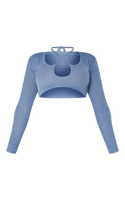 Shape Dark Blue Sheer Rib Plunge Crop Top Prettylittlething