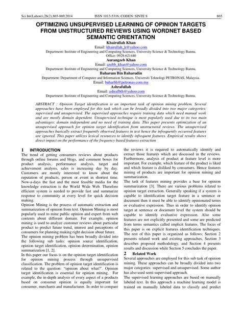 Pdf Optimizing Unsupervised Learning Of Opinion Targets From