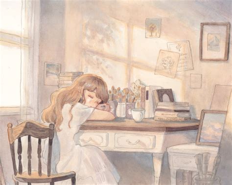 Safebooru 1girl Book Book Stack Carrie Carriedraw Chair Closed Eyes
