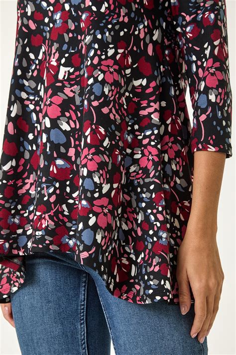 Pink Floral Print Swing Stretch Tunic Top Roman Uk