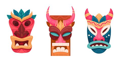 의식용 티키 토템 마스크 티키 토템 마스크 나무 티키 아프리카 또는 하와이 마스크 민족 의식 아이돌 평면 벡터 일러스트 레이 션 세트 만화 부족 의식 마스크 토템폴에 대한