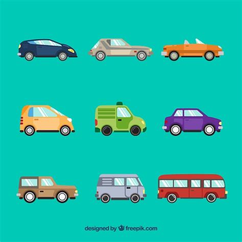異なるタイプの9台の車の側面図 無料のベクター