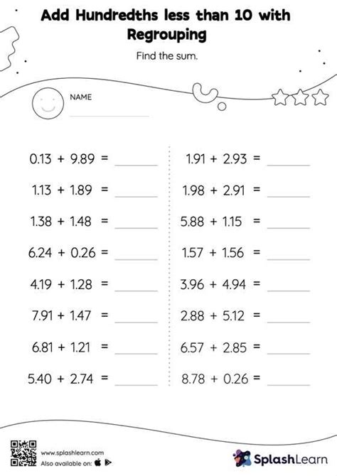 Add Hundredths Less Than 10 With Regrouping Horizontal Addition Math Worksheets Splashlearn