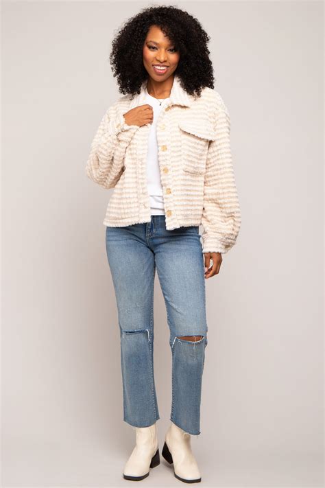 Cream Fuzzy Front Pocket Jacket Pinkblush