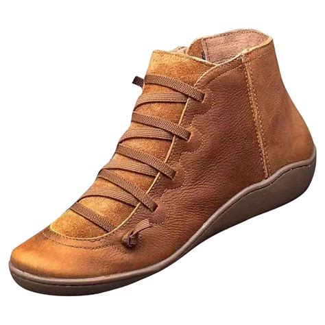 Puntoco Womens Winter Boots Clearancewomen Flat Leather Retro Lace Up