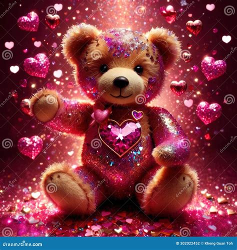 Teddy Bear With Pink Heart Sparkling Glitter Effect Stock Illustration
