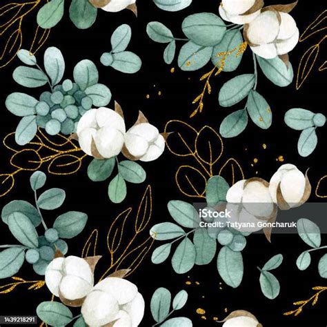 수채화 그리기 어두운 배경에 황금 유칼립투스 잎과 목화 꽃이 있는 매끄러운 패턴 유칼립투스에 대한 스톡 벡터 아트 및 기타 이미지 유칼립투스 0명 검은색 Istock