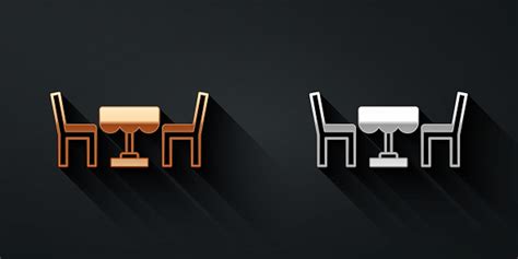 금색과 은색 프랑스 카페 아이콘은 검은색 배경에 분리되어 있습니다 길거리 카페 테이블과 의자 긴 그림자 스타일 벡터 의자에 대한 스톡 벡터 아트 및 기타 이미지 Istock