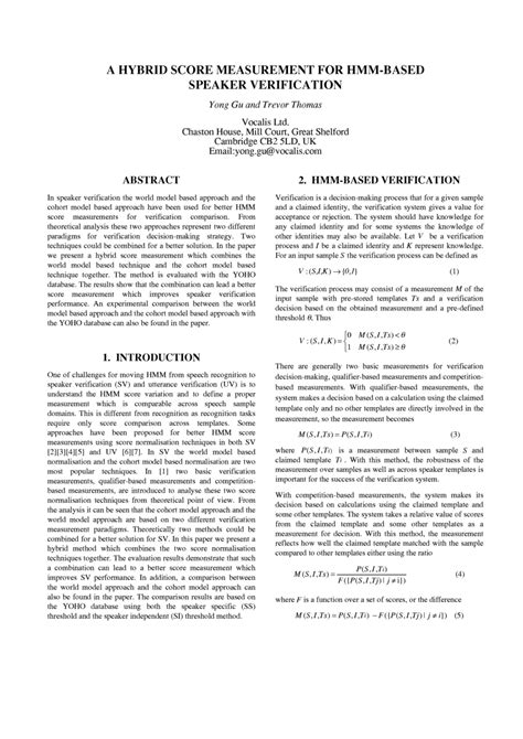 Pdf Hybrid Score Measurement For Hmm Based Speaker Verification