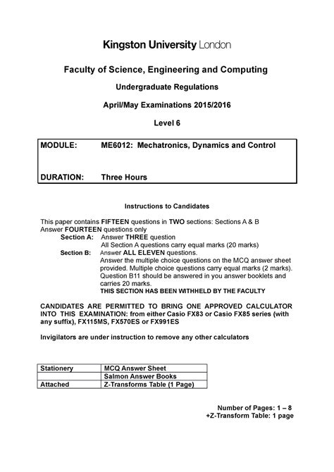 Mechatronics Dynamics And Control Faculty Of Science Engineering And Computing Studocu