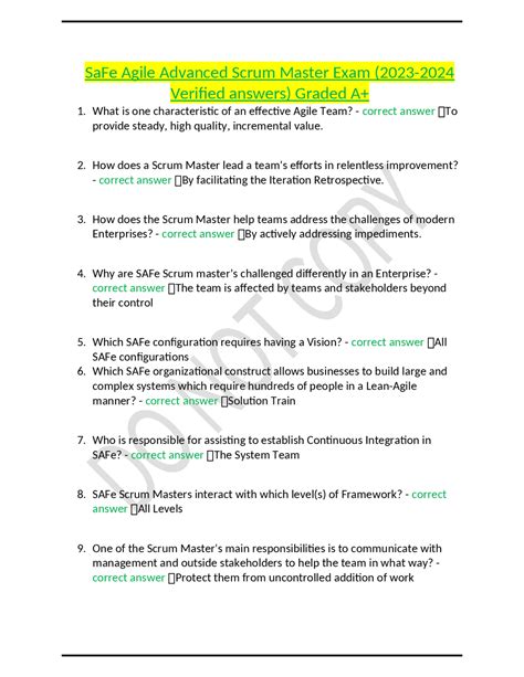 Safe Agile Advanced Scrum Master Exam 2023 2024 Verified Answers Graded A Exams Advanced