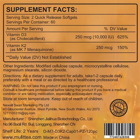 Mulittea 2 Pack Vitamin D3 And K2 Mk7 Supplement 120 Vegan Capsules