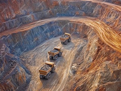 Gold Mining Trucks And Excavator Working In Open Pit For Extracting