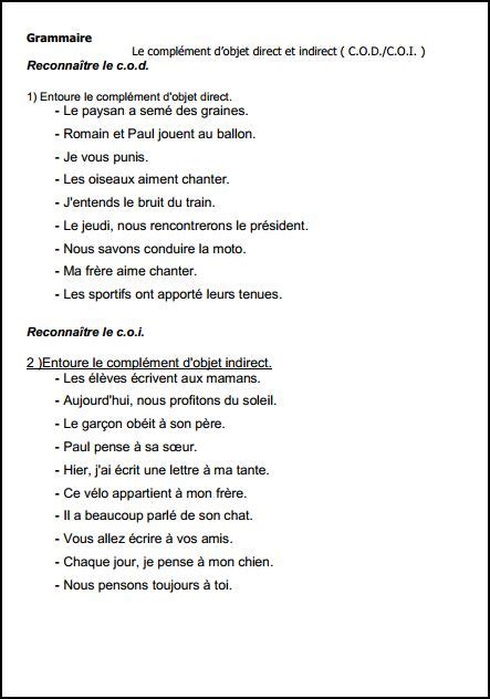 grammaire exercices complément d objet direct et indirect