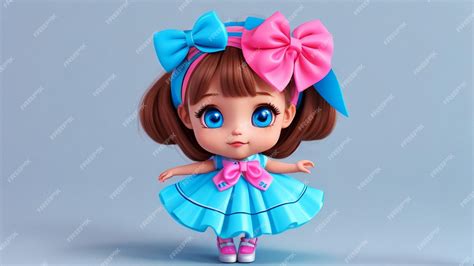 Premium Ai Image Cute Girl In A Pink Bow And Blue Dress