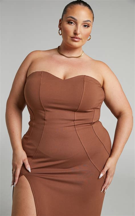 Oriella Panelled Thigh Split Strapless Maxi Dress In Chocolate Showpo Usa