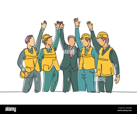 Single Line Drawing Of Construction Workers And Foreman With Vest And Helmet Celebrate Their