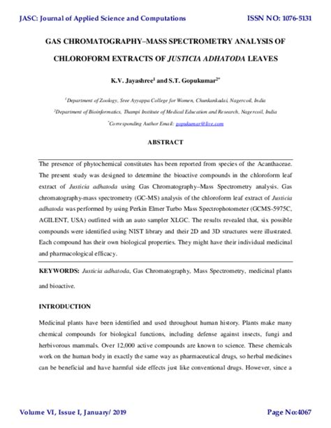 Pdf Gas Chromatography Mass Spectrometry Analysis Of Chloroform Extracts Of Justicia Adhatoda