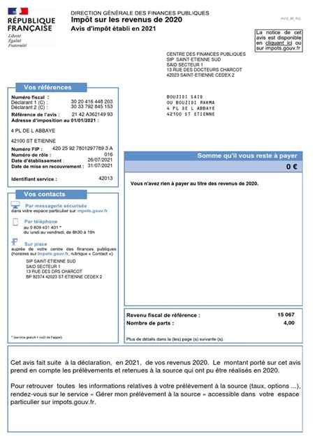 Avis D Impot 2021 Sur Les Revenus 2020 Pdf Impôt Sur Le Revenu