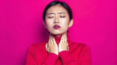 Sick Asian Woman With Closed Eyes Having Sore Throat Touching Neck