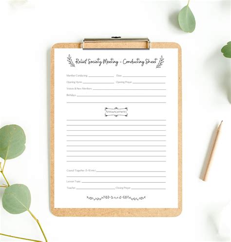 Relief Society Sunday Meeting Conducting Sheet 8 5x11 Instant PDF