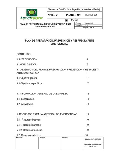 Plan De Preparación Prevención Y Respuesta Ante Emergencias Pdf