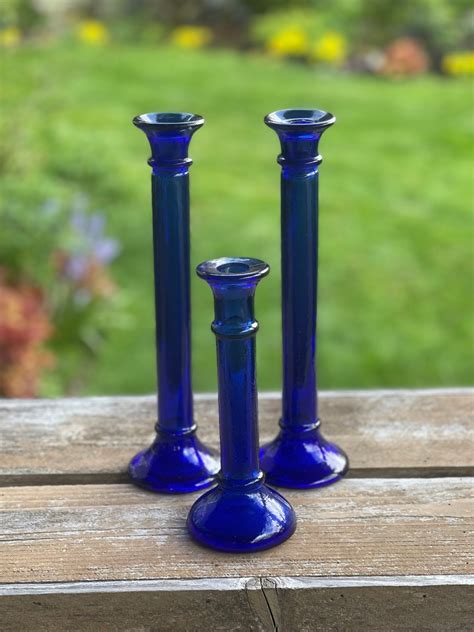 Trio Of Cobalt Blue Glass Candle Holders Taper Holder Trio Etsy
