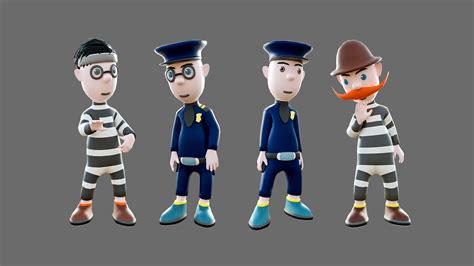 3d Model Cartoon Characters Jailer And Policeman Vr Ar Low Poly