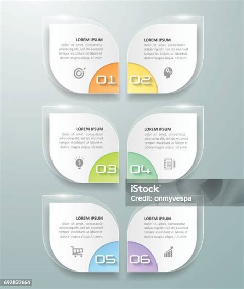 Infographic 템플릿 6 옵션을 디자인 합니다 워크플로 레이아웃 다이어그램 번호 옵션 타임 라인 및 단계에 사용할 수 있습니다 벡터에 대한 스톡 벡터 아트 및 기타