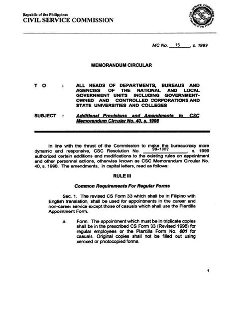 Csc Mc No 15 S1999 Additions To Rules On Appointment Pdf