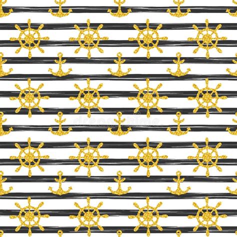 Seamless Nautical Pattern With Glittering Golden Anchors And Ship