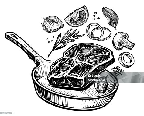 냄비에 야채와 함께 튀긴 스테이크 고기 요리 요리 스케치 일러스트레이션 조각 스타일 스케치에 대한 스톡 벡터 아트 및 기타