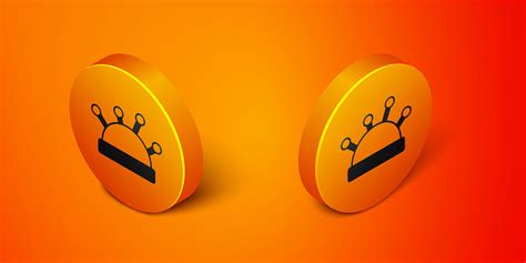 주황색 배경에 격리 된 등색 바늘 침대와 바늘 아이콘 수제 및 바느질 테마 주황색 원 버튼 벡터 3차원 형태에 대한 스톡 벡터 아트 및 기타 이미지 Istock