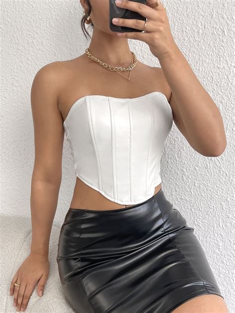 White Party Collar Sleeveless PU Leather Plain Embellished Slight