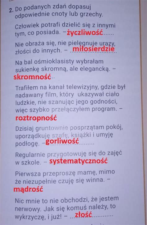 2 Do podanych zdań dopasuj odpowiednie cnoty lub grzechy Człowiek