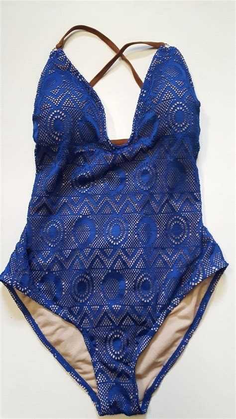 Ymi Womens Sexy One Piece Swimsuit Size Large Blue Deep V Neck Ties