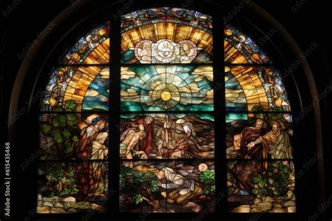 Stained Glass Window With The Sun Shining Through Illuminating Mosaic