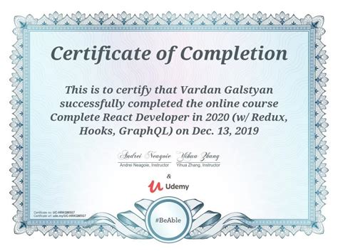 Udemy React Redux Hooks Graphql Certificate Vardan Galstyan