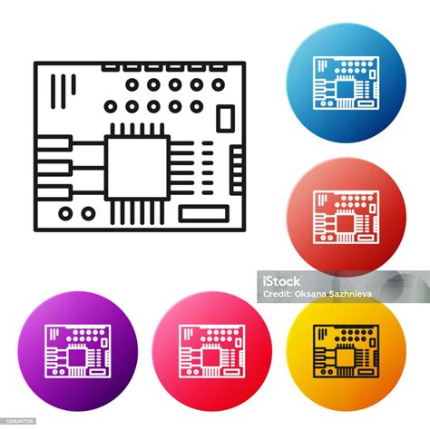 흰색 배경에 격리 된 검은 색 라인 인쇄 회로 기판 Pcb 아이콘 아이콘 다채로운 원 버튼을 설정합니다 벡터 일러스트레이션 Cpu에 대한 스톡 벡터 아트 및 기타 이미지