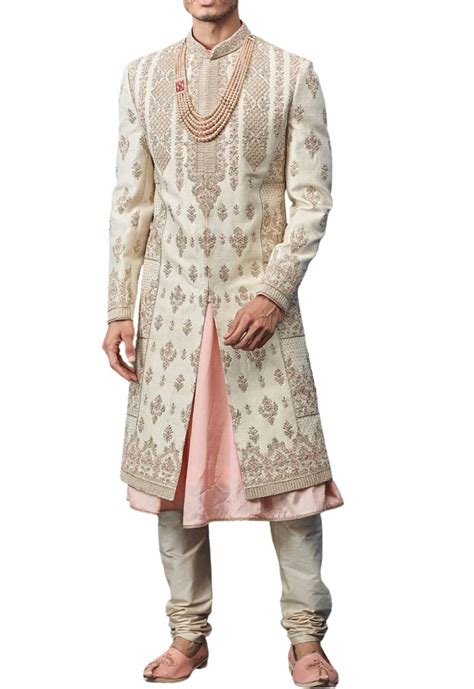 Off White And Peach Three Layer Royal Wedding Sherwani Getethnic
