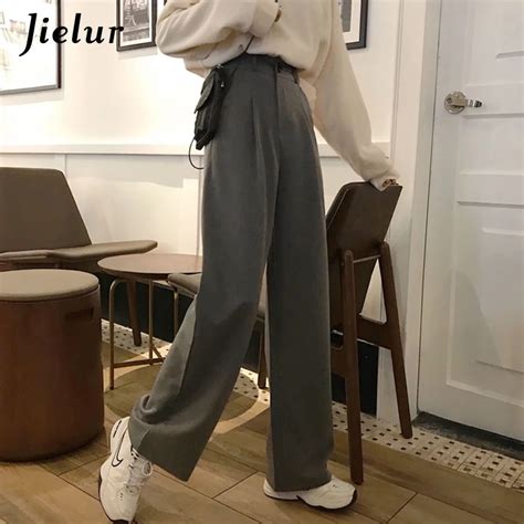 Jielur 회색 여성 정장 바지 하이 웨이스트 캐주얼 와이드 레그 팬츠 사무실 숙녀 정장 느슨한 바지 포켓 지퍼팬티