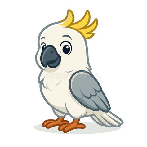Cute Cartoon Cockatoo Smiling White Parrot With Yellow Crest Sitting On White Background Stock