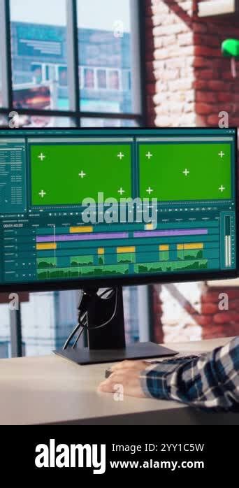 Video Editor Analyzing Film Montage On Chroma Key Computer Before Editing Color Grading And