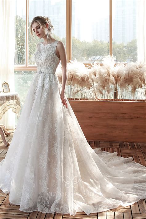 Gorgeous Sleeveless Glitter Lace Illusion Fall Wedding Dress Vq