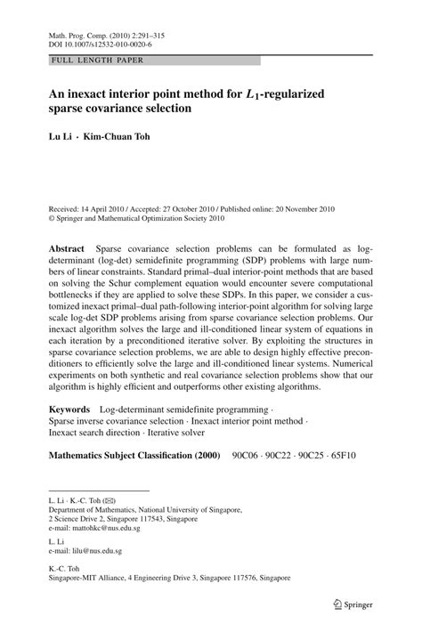 Pdf An Inexact Interior Point Method For L 1 Regularized Sparse